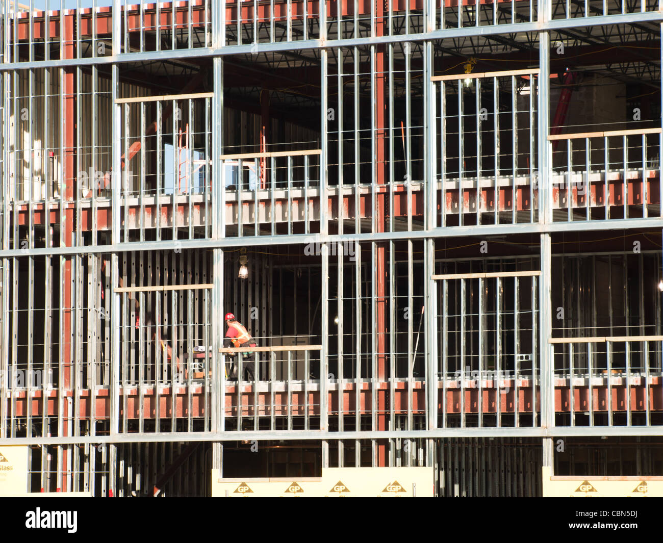 Construction site of the new office building. Steel frame structure ...