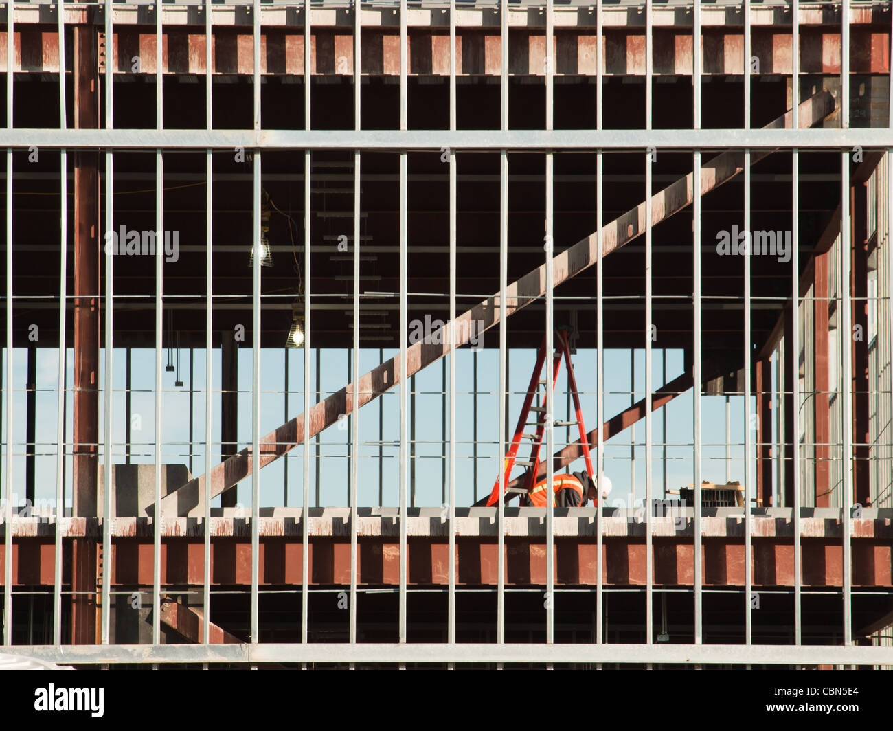 Construction site of the new office building. Steel frame structure ...