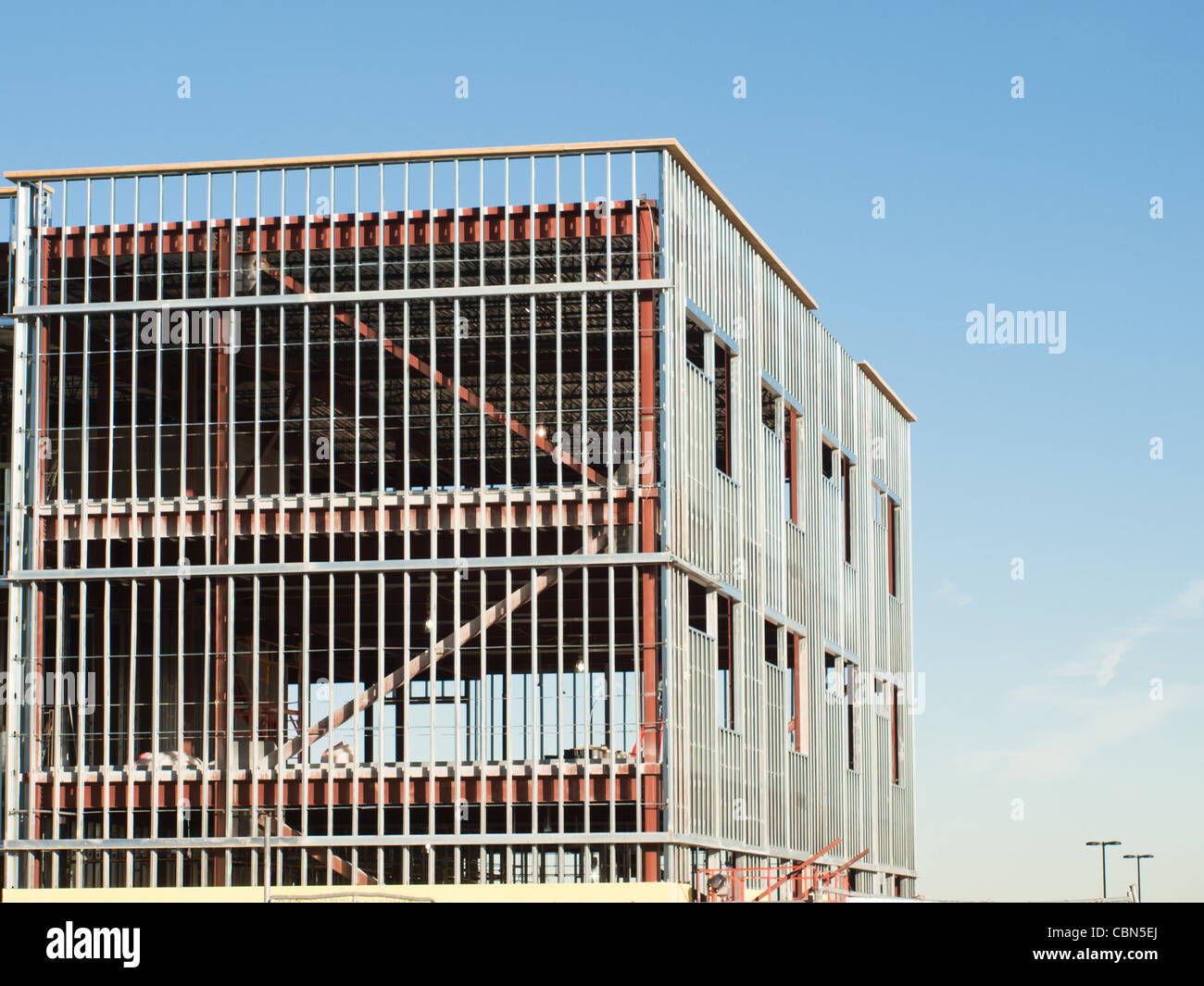 Construction site of the new office building. Steel frame structure ...