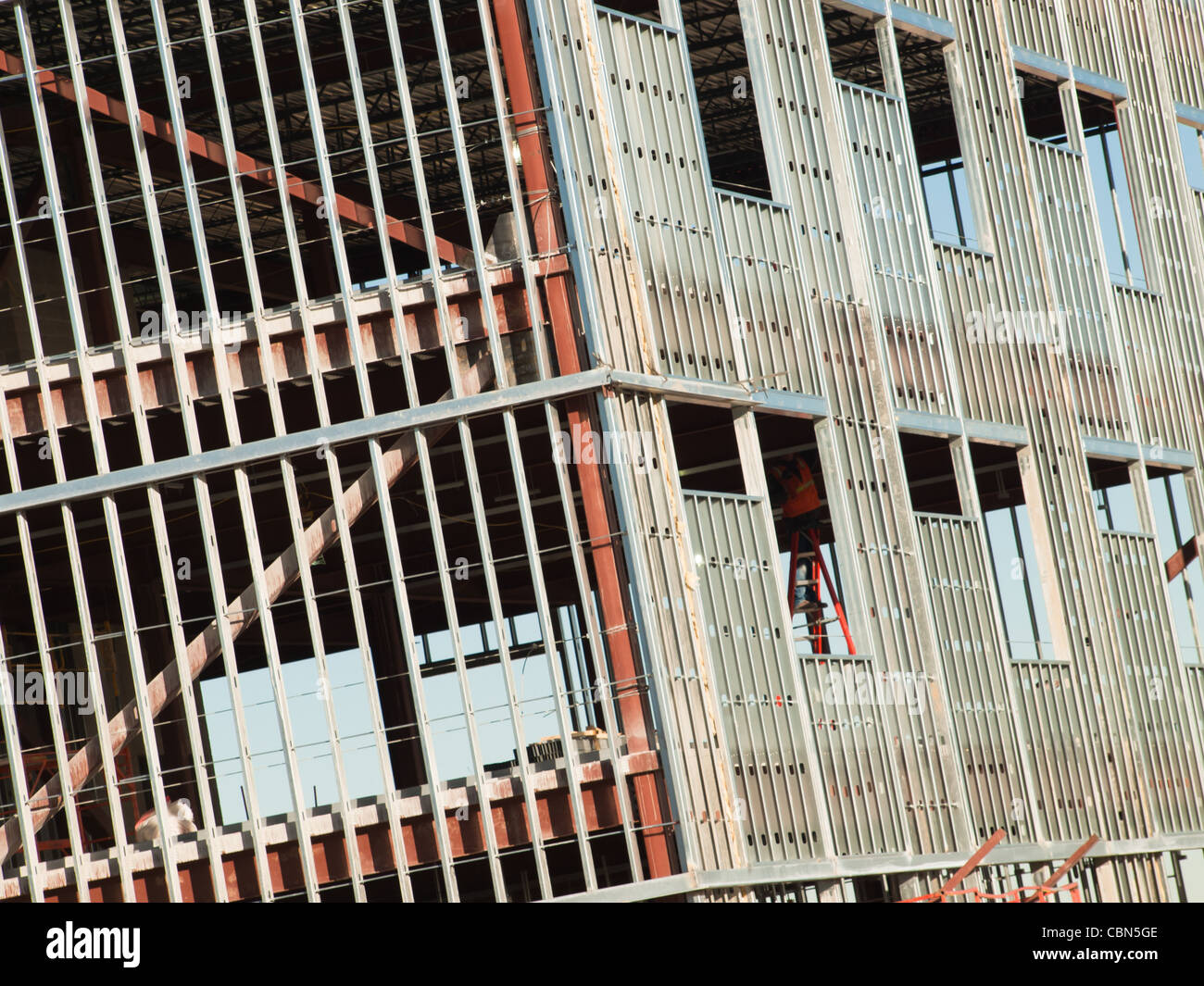 Construction site of the new office building. Steel frame structure ...