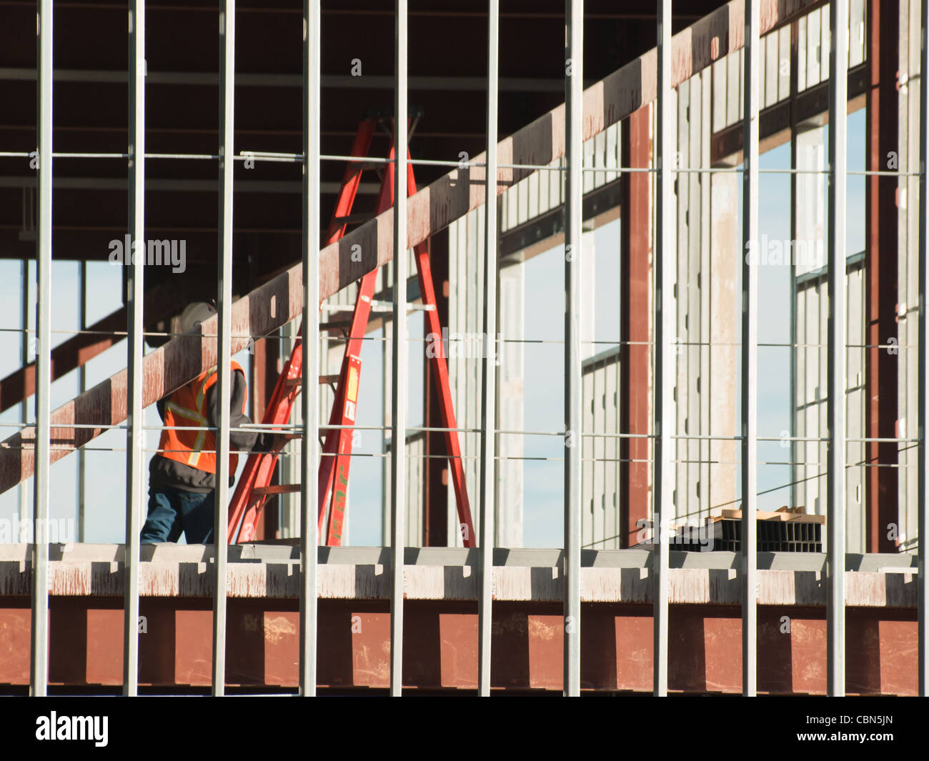 Construction site of the new office building. Steel frame structure ...
