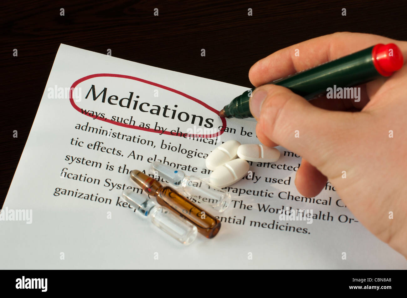 Drugs on the score sheet with text medications. Hand write on paper ...