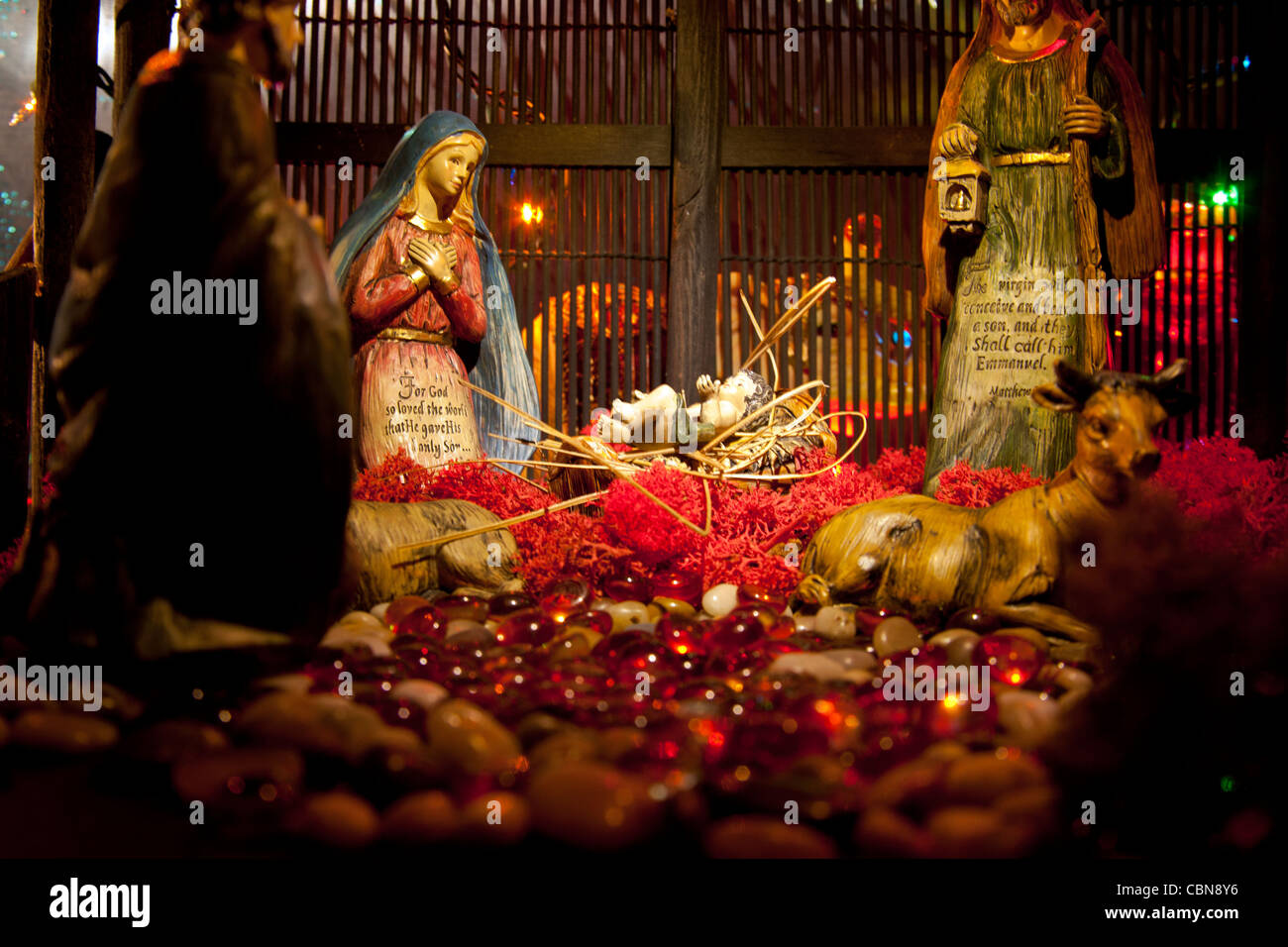 Colorfully lit Nativity Scene for the holidays Stock Photo - Alamy