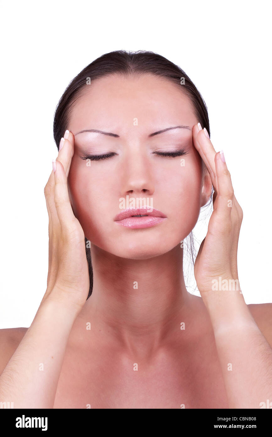 Woman with headache, portrait on white Stock Photo - Alamy