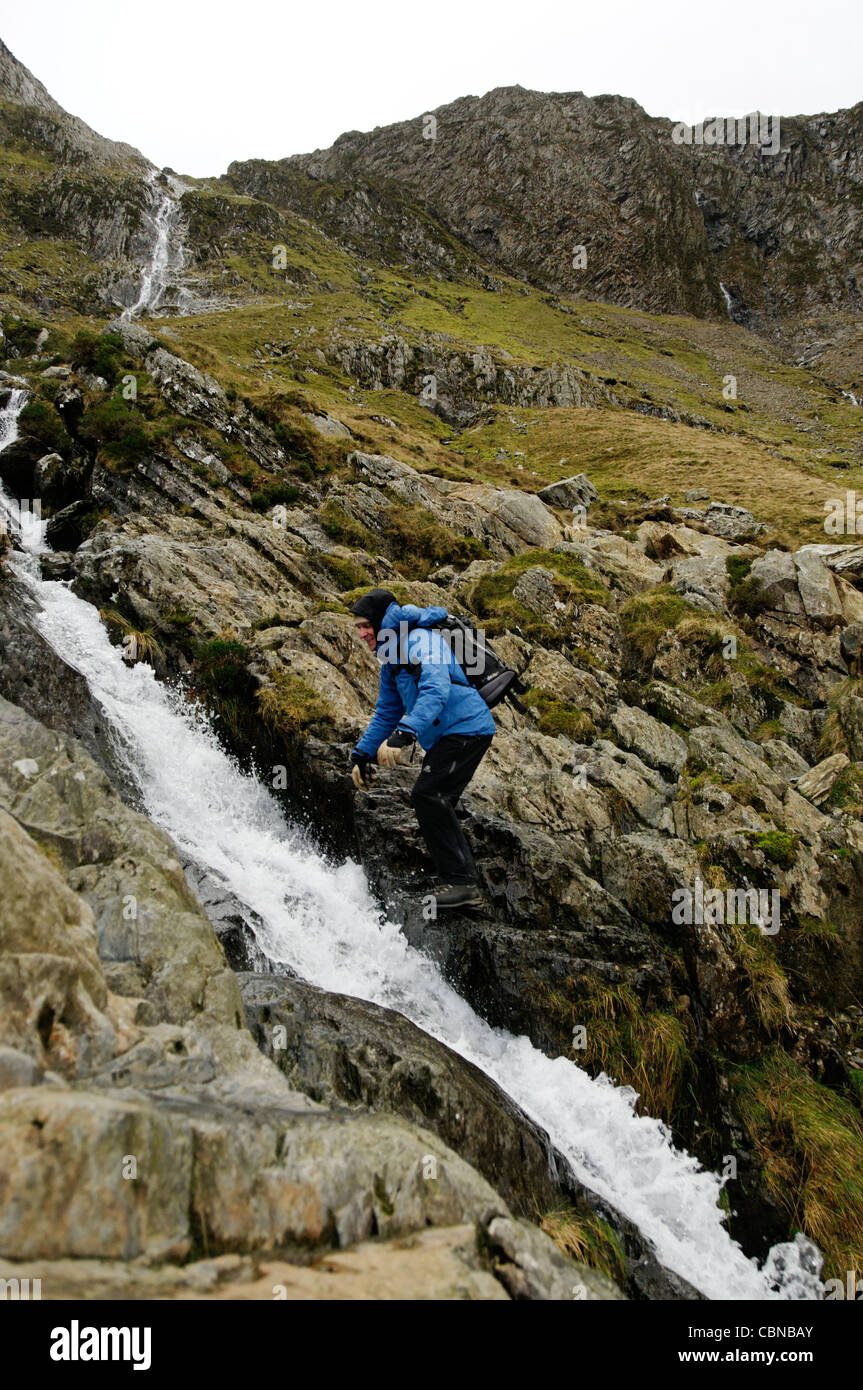 A walker crossing Idwal stream Cwm Idwal Stock Photo - Alamy