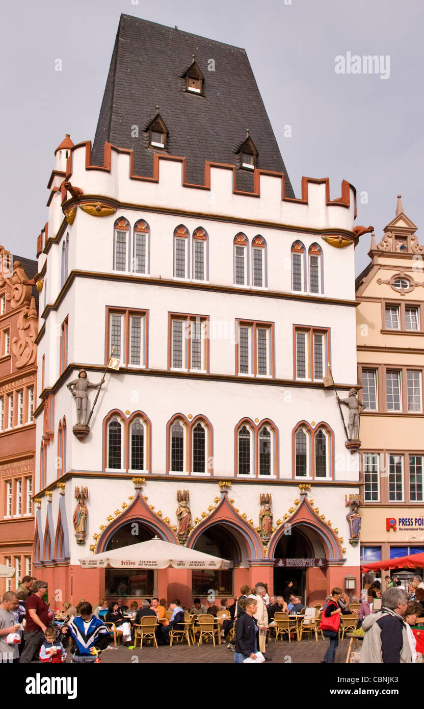 A medieval house on the bustling Market Square in Trier, Germany Stock ...