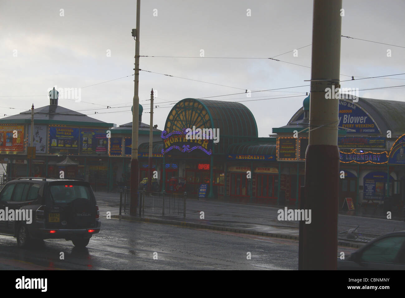 north pier entrance during bad weather. Blackpool, Lancashire, England ...