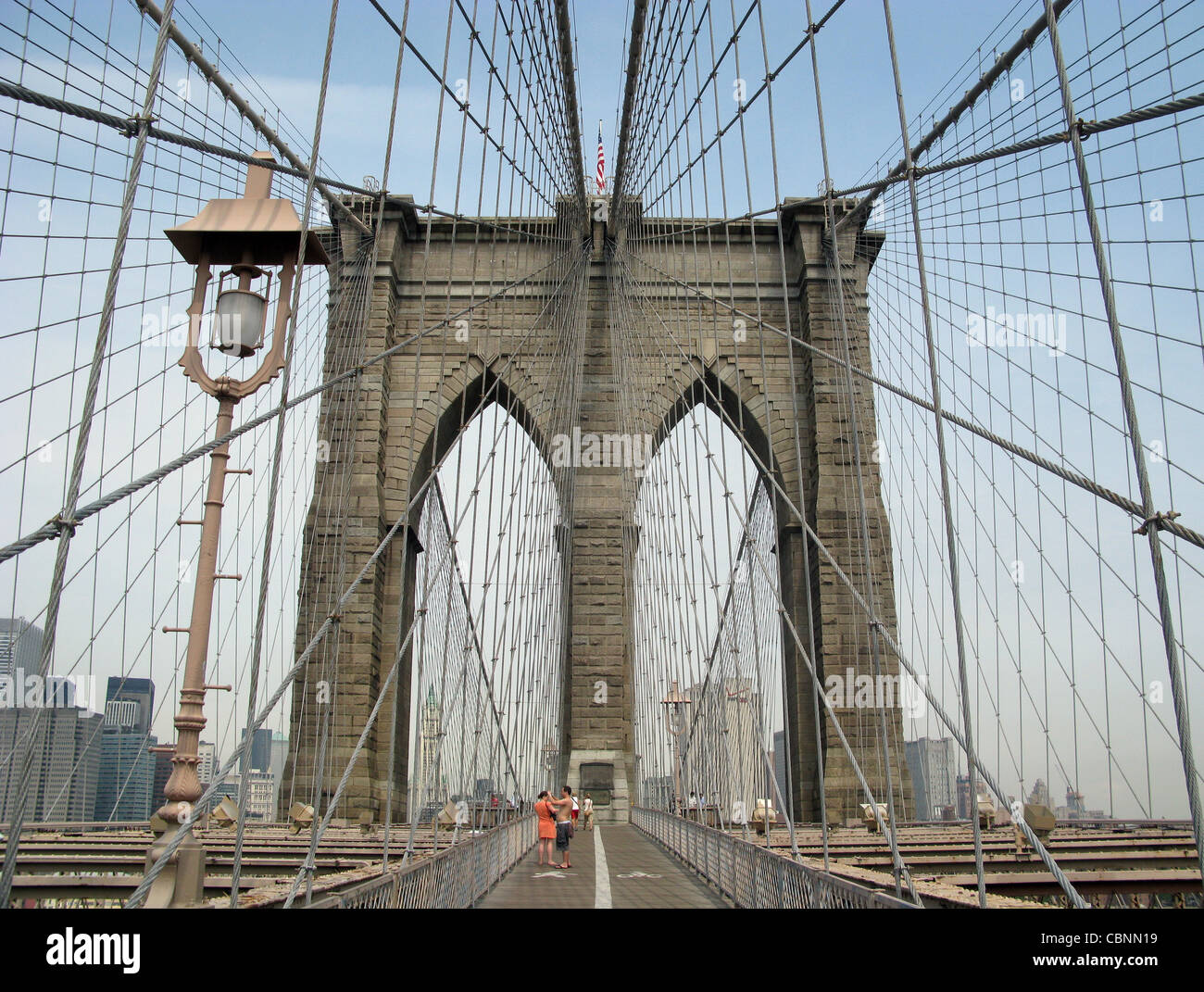 New York City Brooklyn Bridge spans the East river from Brooklyn into ...