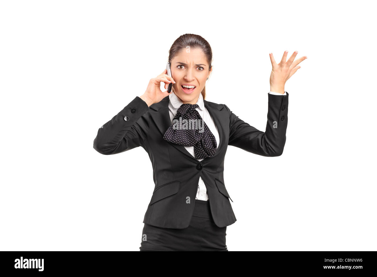 A nervous businesswoman shouting on a mobile phone Stock Photo - Alamy