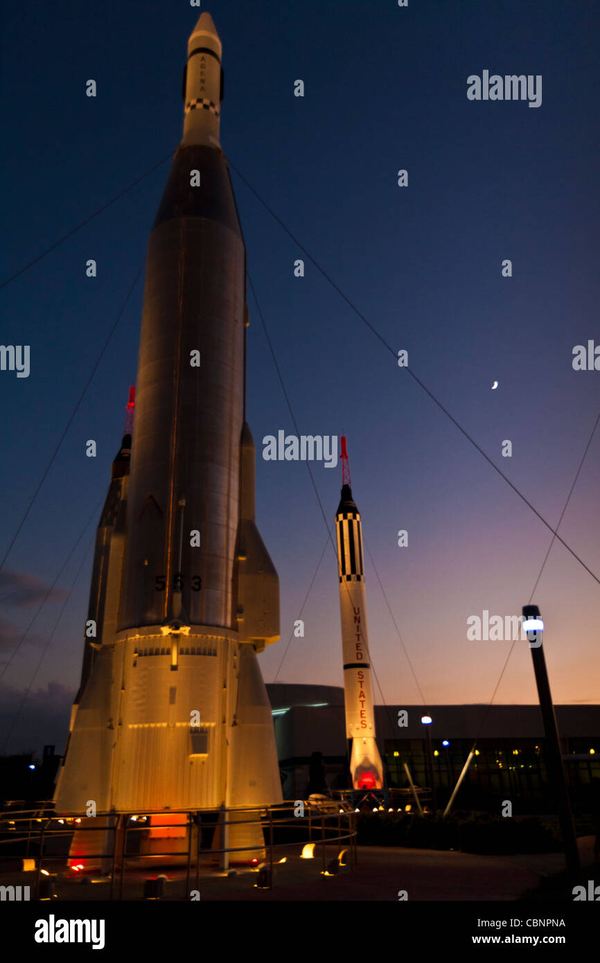 Sunset and moonrise in the Rocket Garden at Kennedy Space Center Stock ...