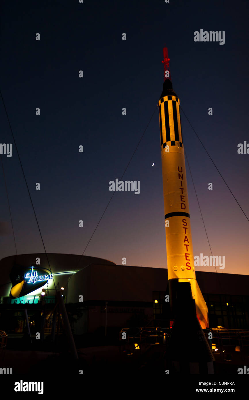 Sunset and moonrise in the Rocket Garden at Kennedy Space Center Stock ...