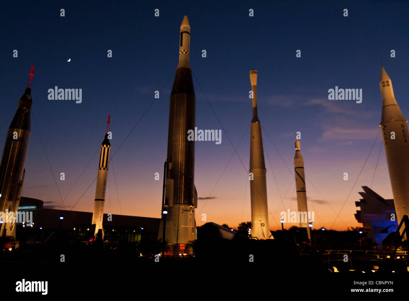 Sunset and moonrise in the Rocket Garden at Kennedy Space Center Stock ...