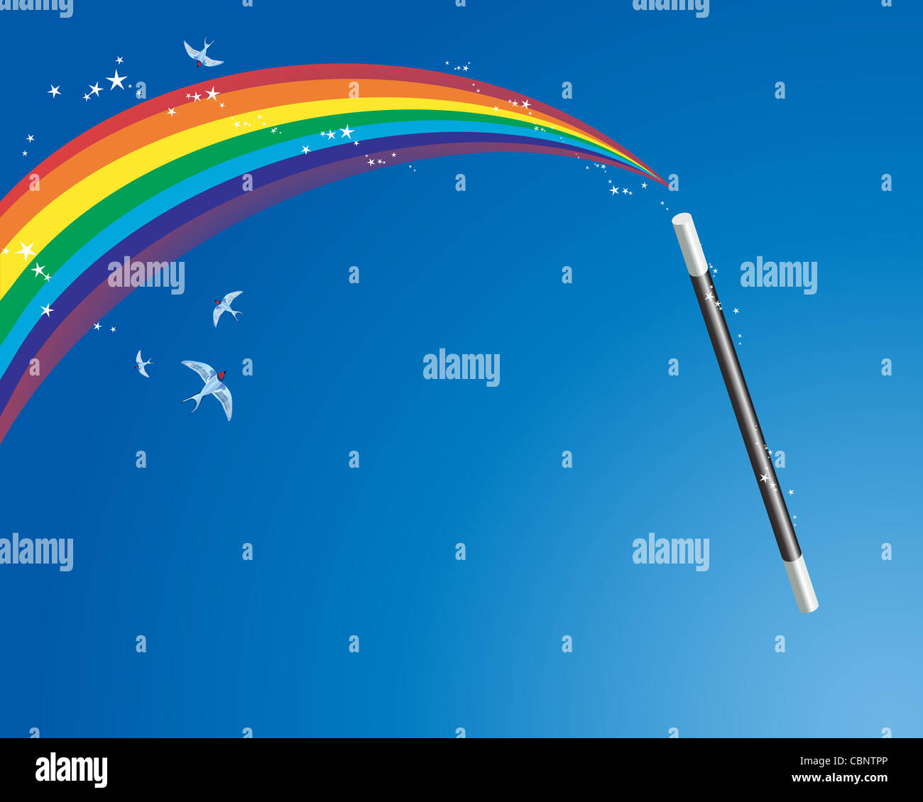 an illustration of a magic wand creating a rainbow with bluebirds and ...