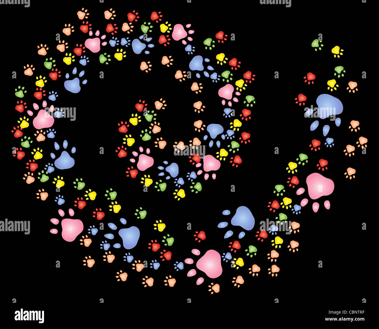 an illustration of a spiral of paw prints in different colors on a ...