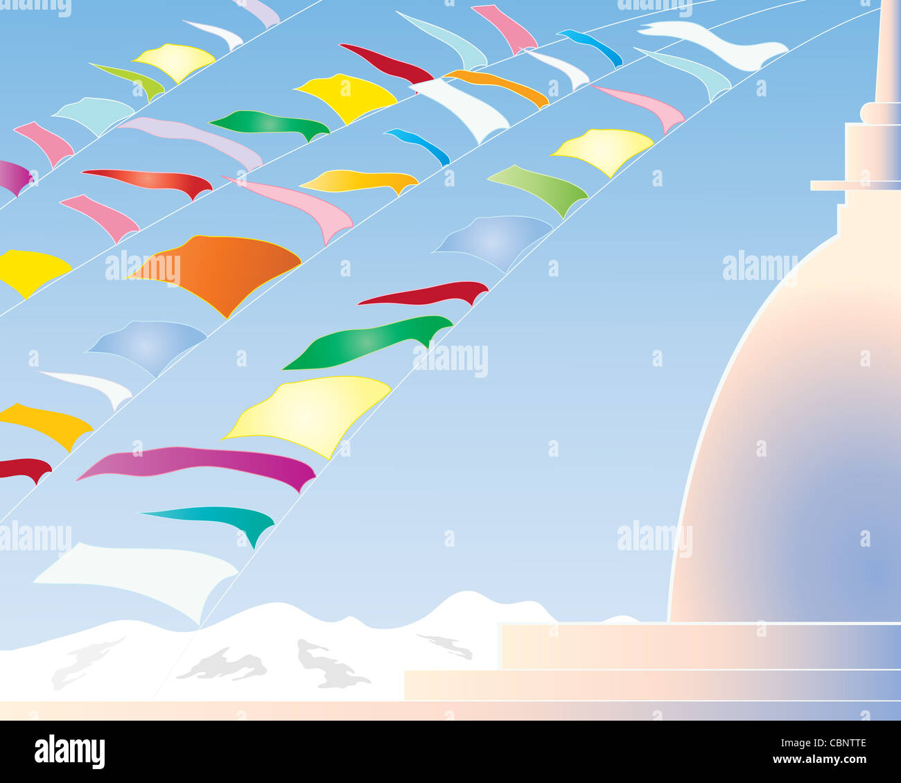 an illustration of colorful prayer flags on a buddhist stupa with ...
