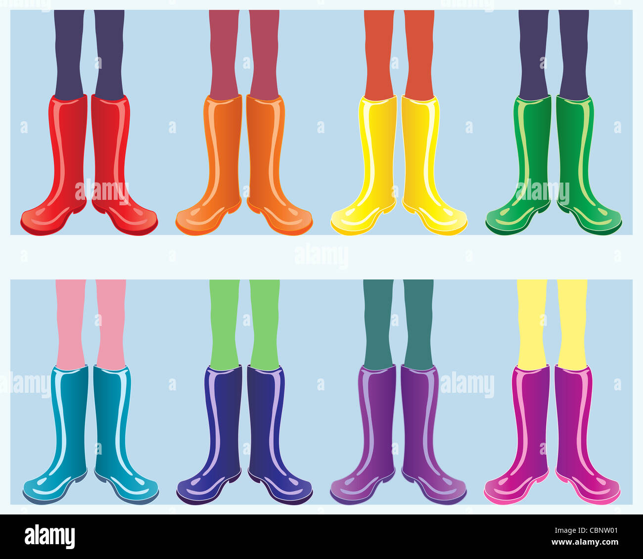 an illustration of a row of shiny boots in rainbow colors on a blue ...
