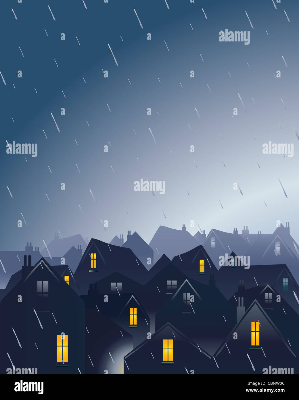 an illustration of rooftops in a city on a rainy day with a dramatic ...