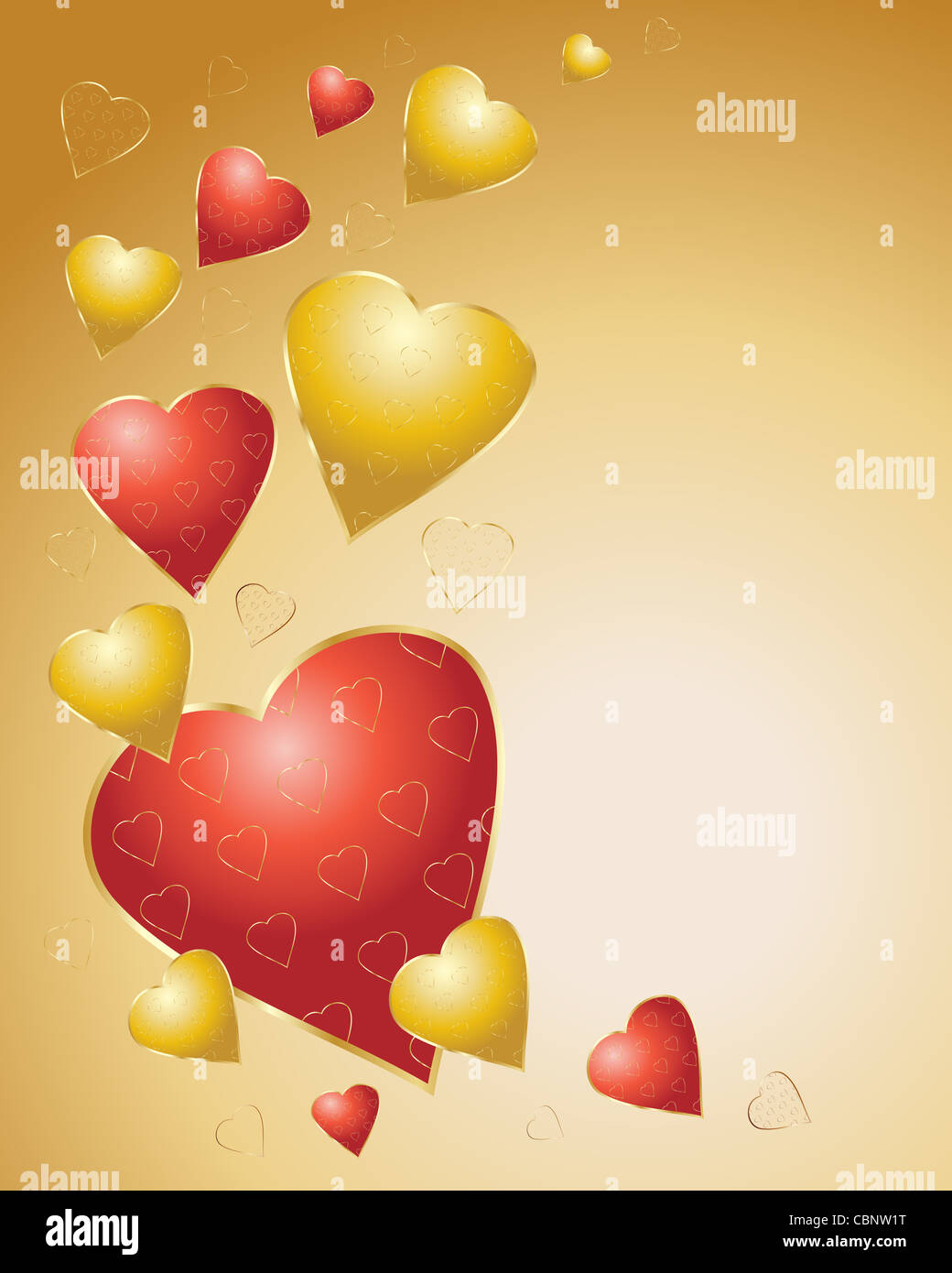 an illustration of red and gold decorated hearts on a metallic ...