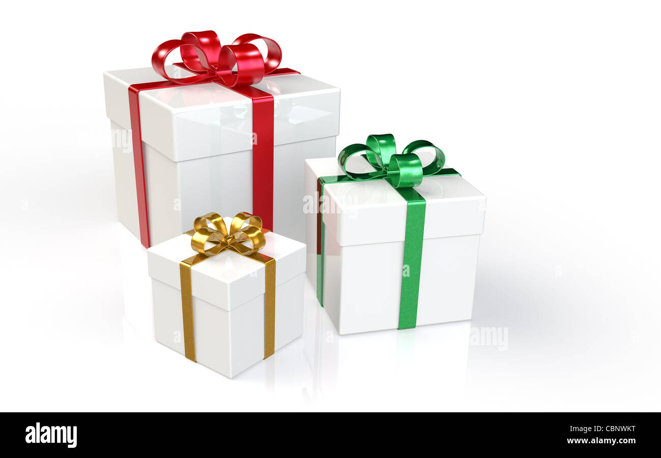 Set of 3 Gift Boxes. Red, Green and Gold Ribbons Stock Photo - Alamy