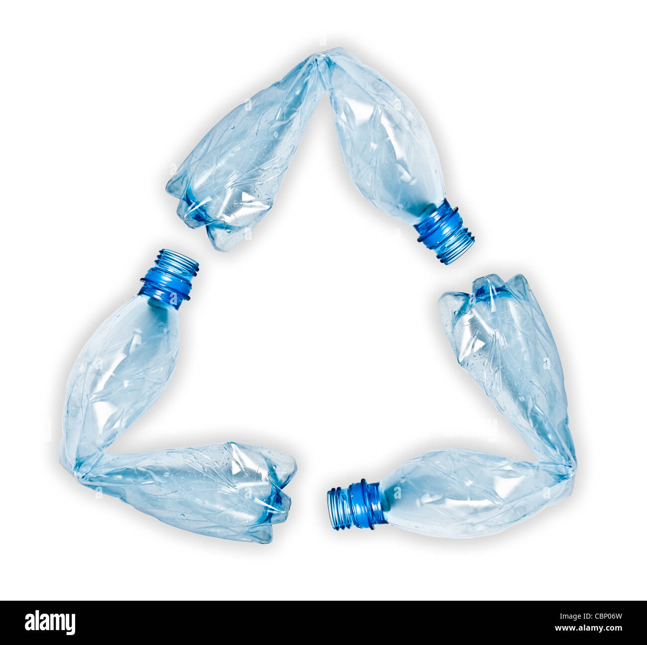 three blue plastic water bottles bent and put together to make up ...