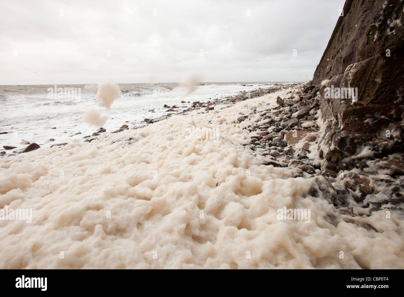 Foam whipped up by storm force winds on the coast at Whitehaven ...