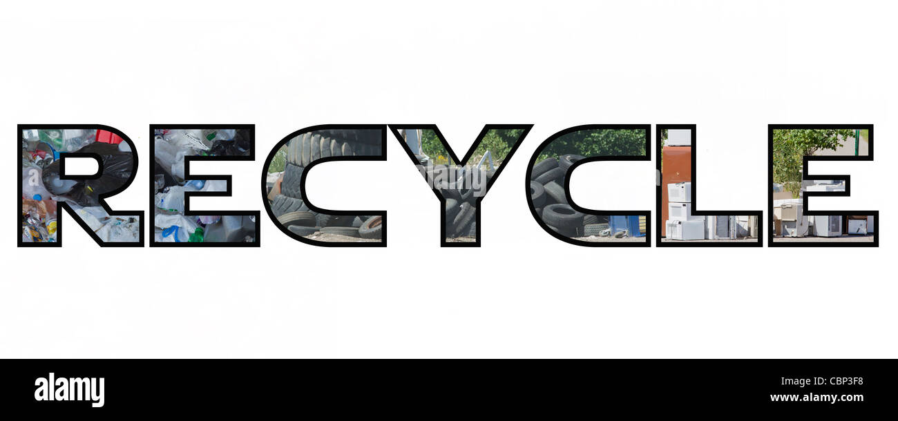 The outline of the word recycle with garbage pictures inside of the ...