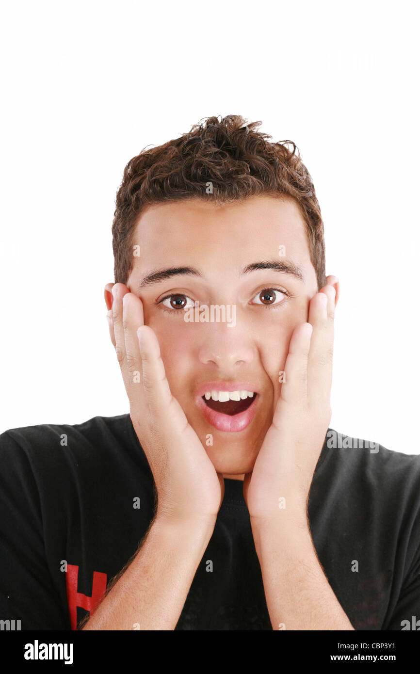 young amazed man portrait isolated on white background Stock Photo - Alamy