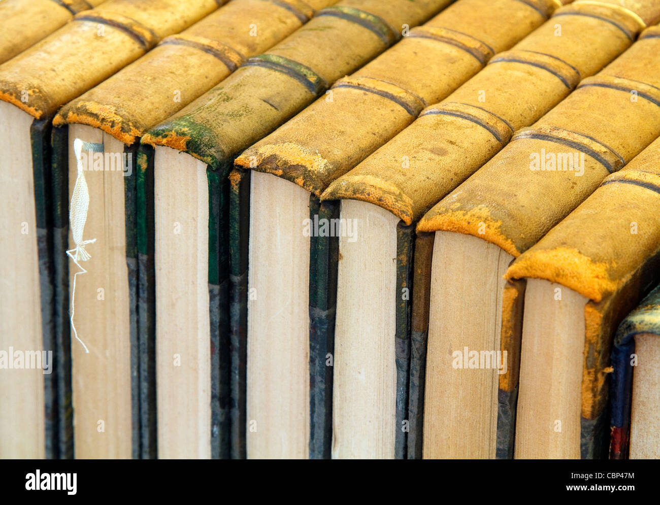 Antique books leaning against each other in a row Stock Photo - Alamy