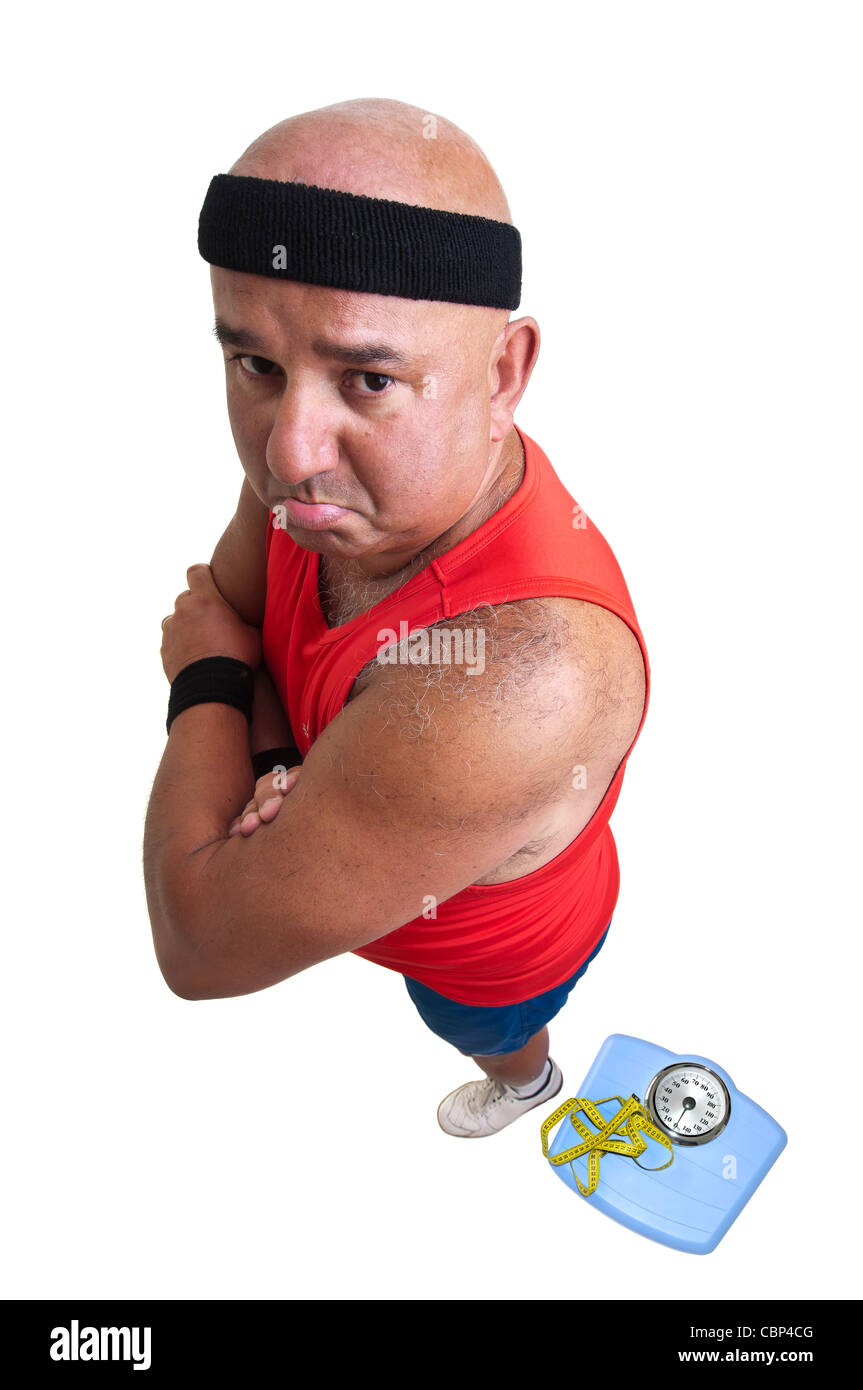 Large fitness man with weight scale isolated in white Stock Photo - Alamy