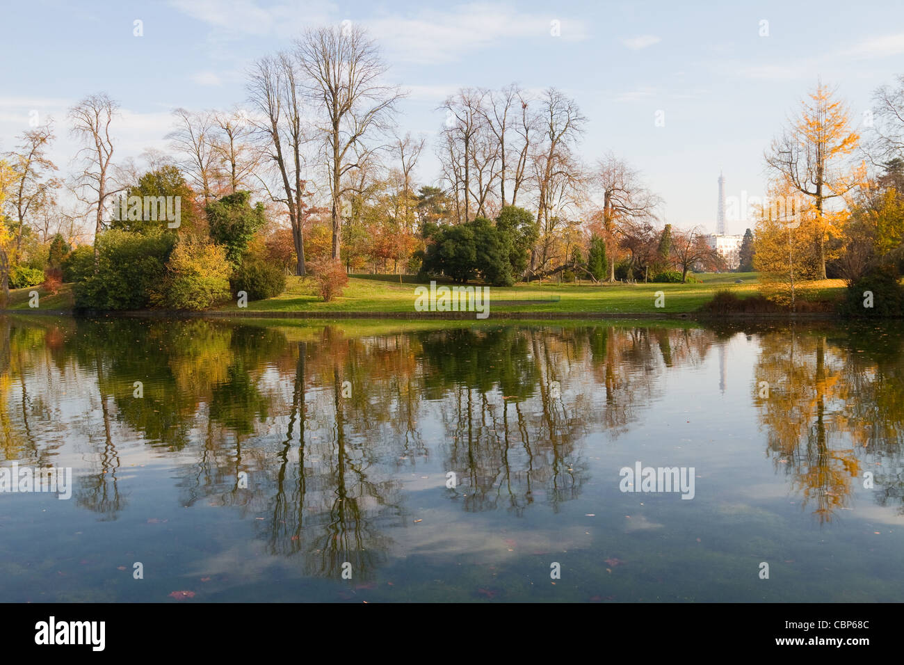 A little lake in the wonderful park of Boulogne in Paris; the Eiffel ...