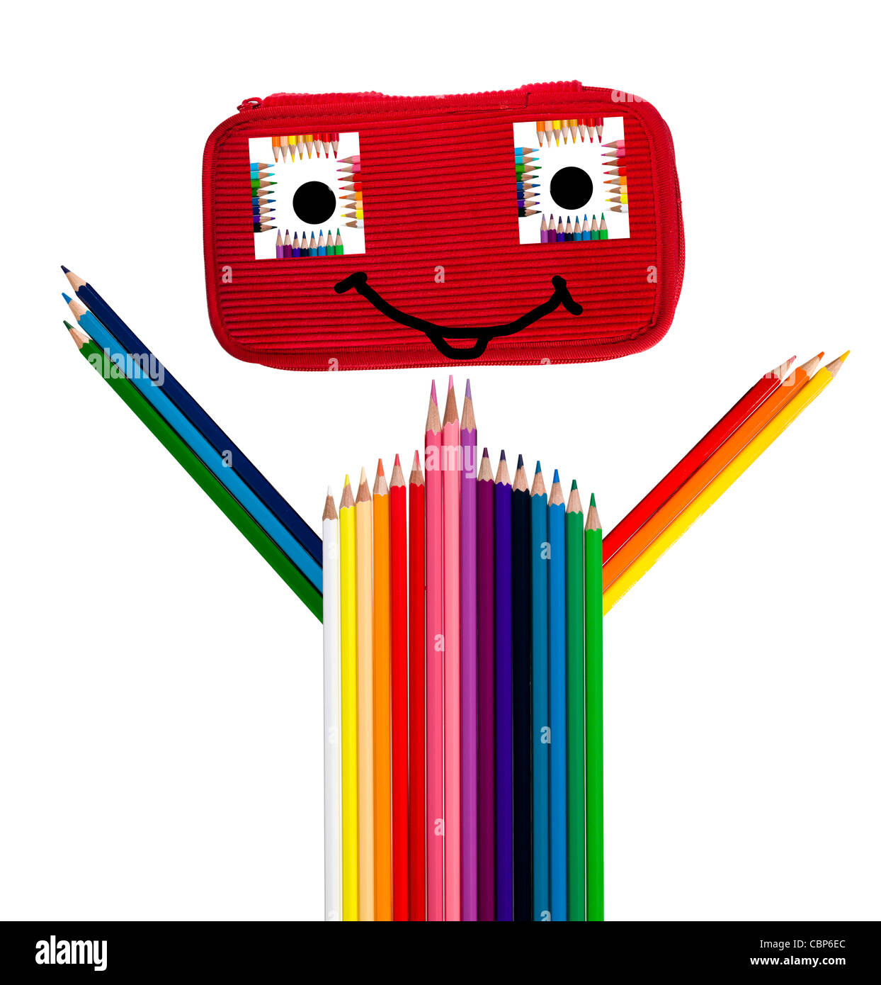 happy colorful guy made of pencilcase and crayons Stock Photo - Alamy