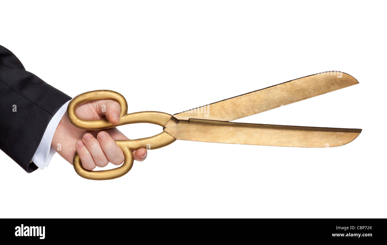 Businessman hold scissors isolated on white Stock Photo - Alamy