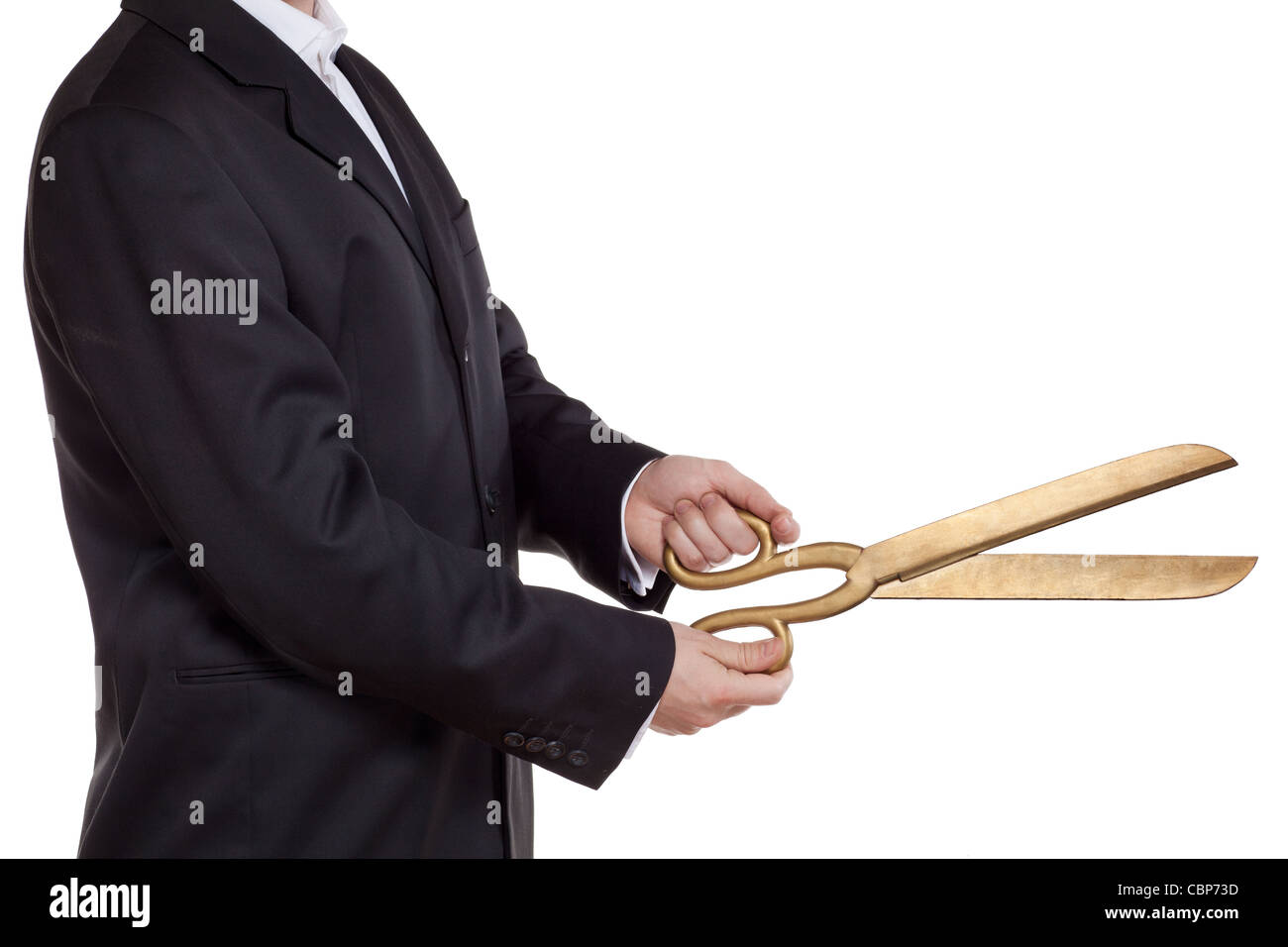 Businessman hold scissors isolated on white Stock Photo - Alamy