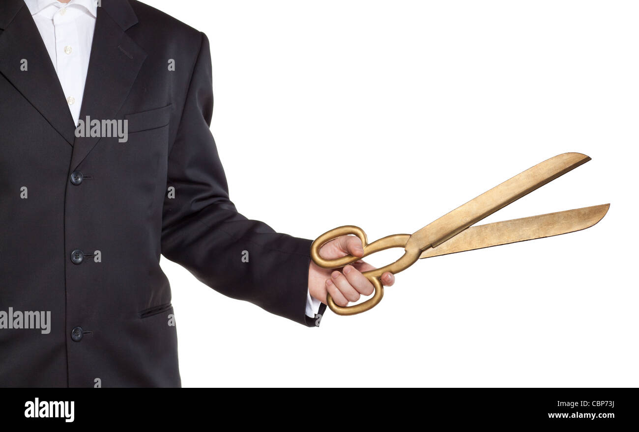 Businessman hold scissors isolated on white Stock Photo - Alamy