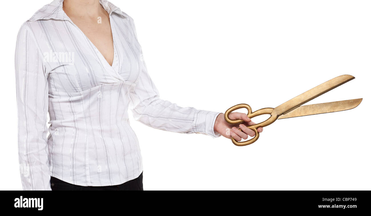 Woman hold scissors isolated on white Stock Photo - Alamy