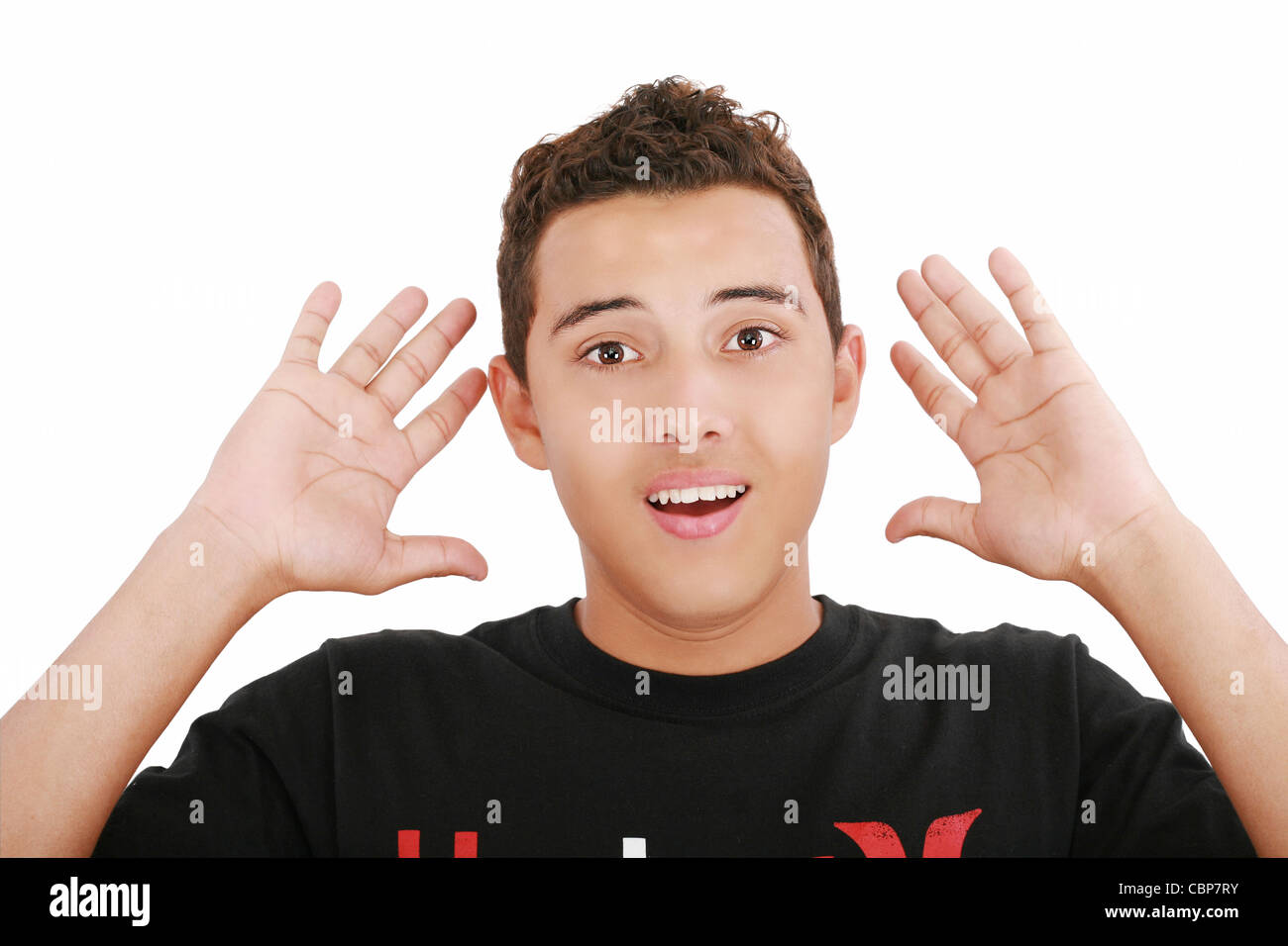 young amazed and surprised man portrait isolated on white background ...