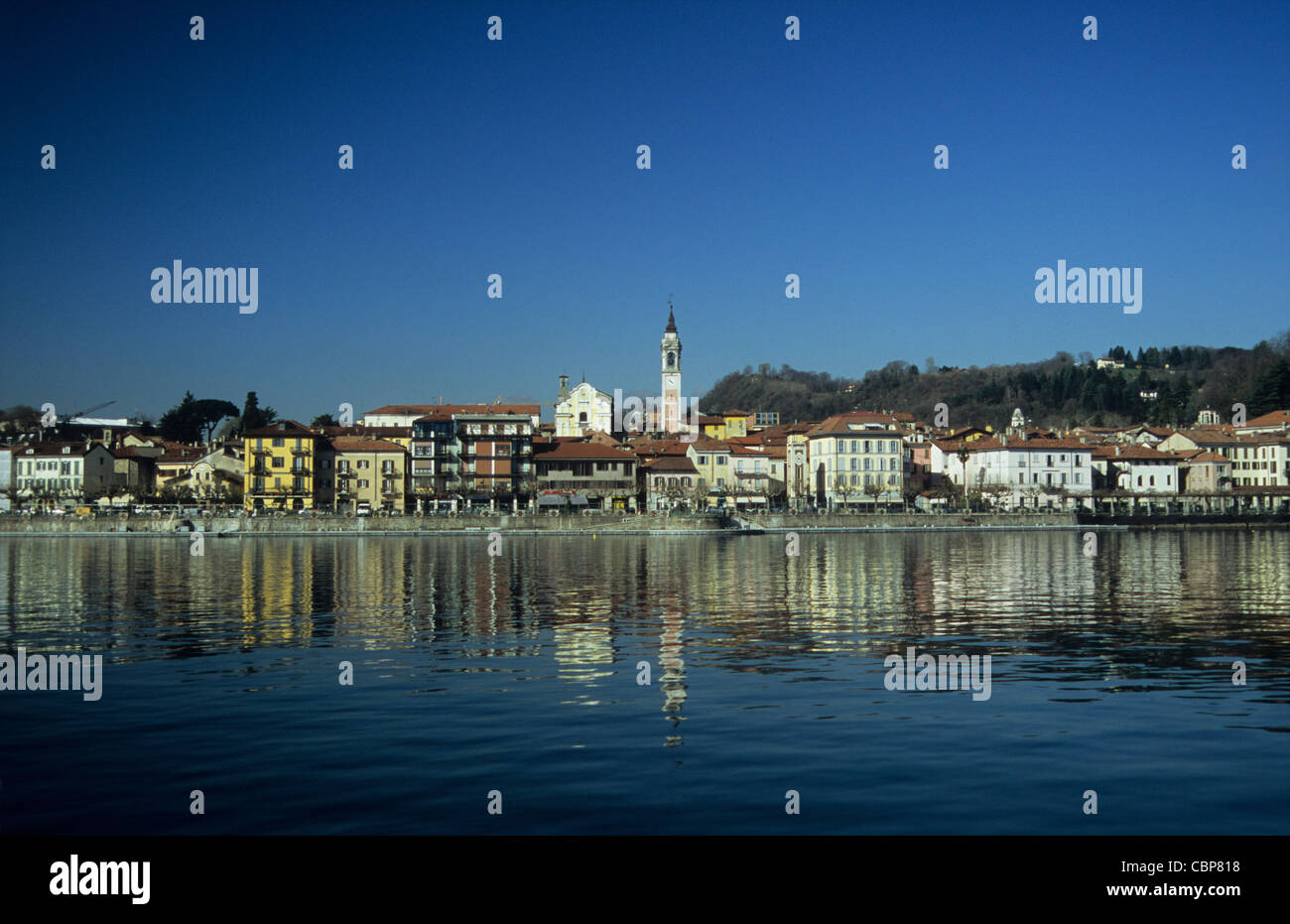 Italy, Lombardy, Lake Maggiore, Arona as seen from Angera across the ...