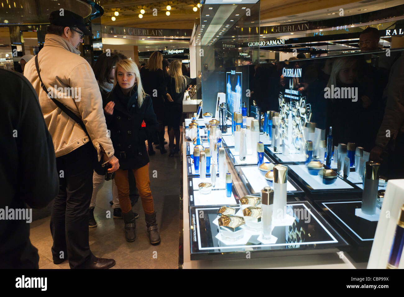 Paris, France, Group People, Guerlain perfumes Counter, inside Galeries ...