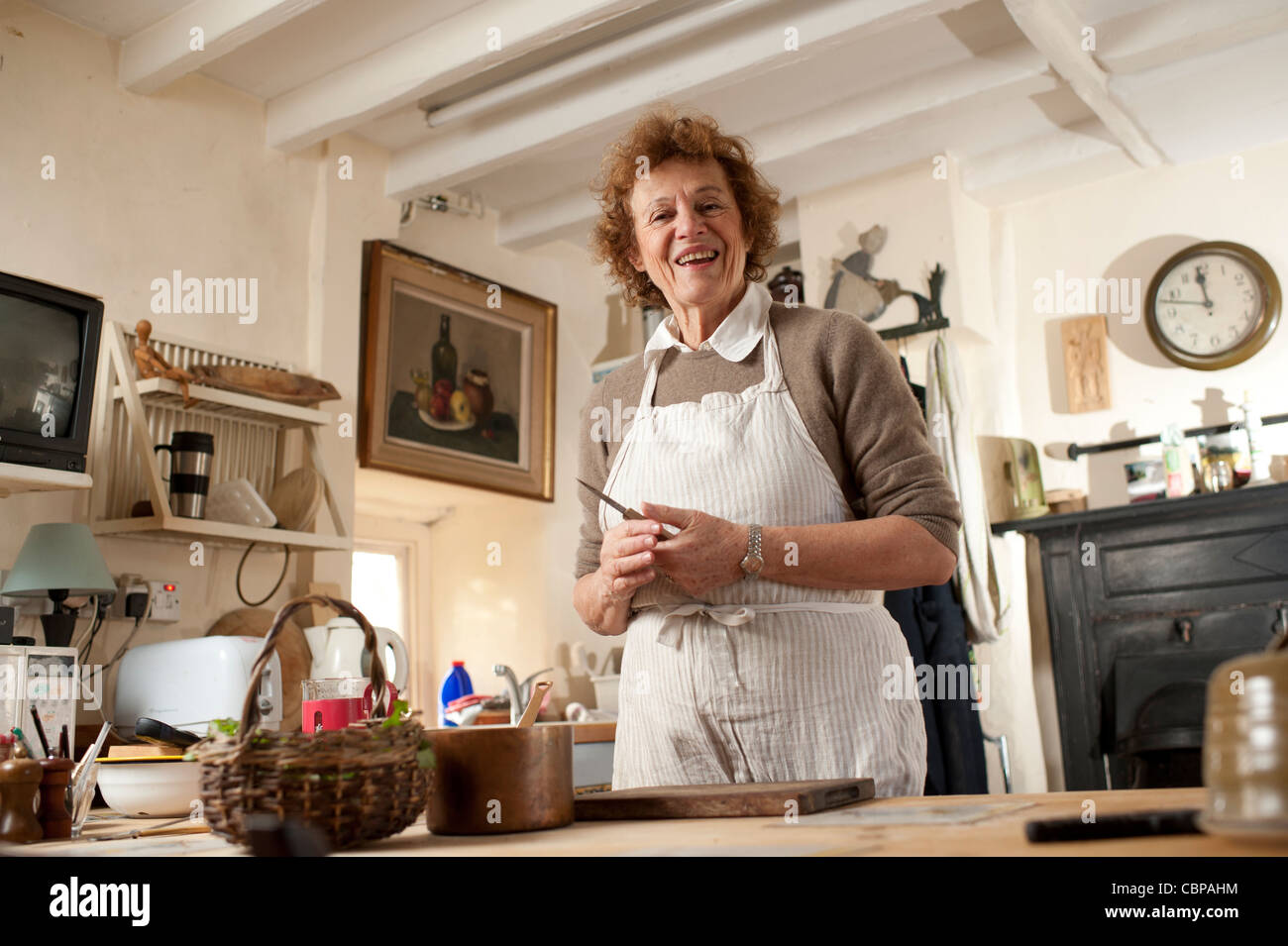 Food writer ELISABETH LUARD in her home kitchen cooking with wild ...
