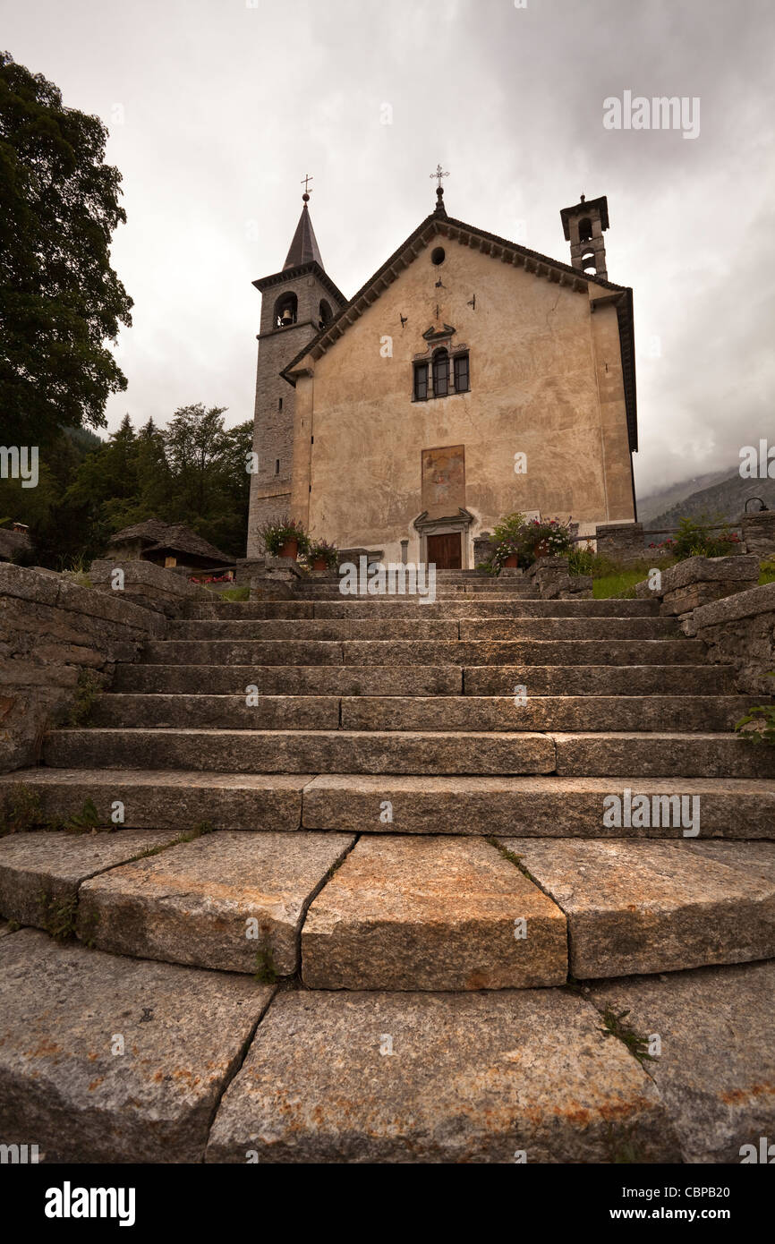 Macugnaga church and steps, Piedmont, in Italian Alps Stock Photo - Alamy