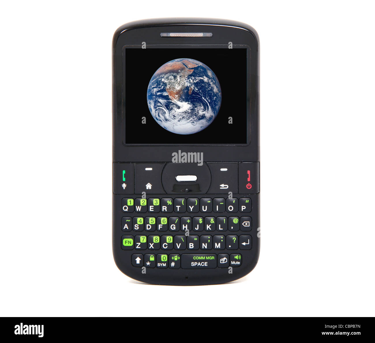 Cell phone with earth display on a white background Stock Photo - Alamy