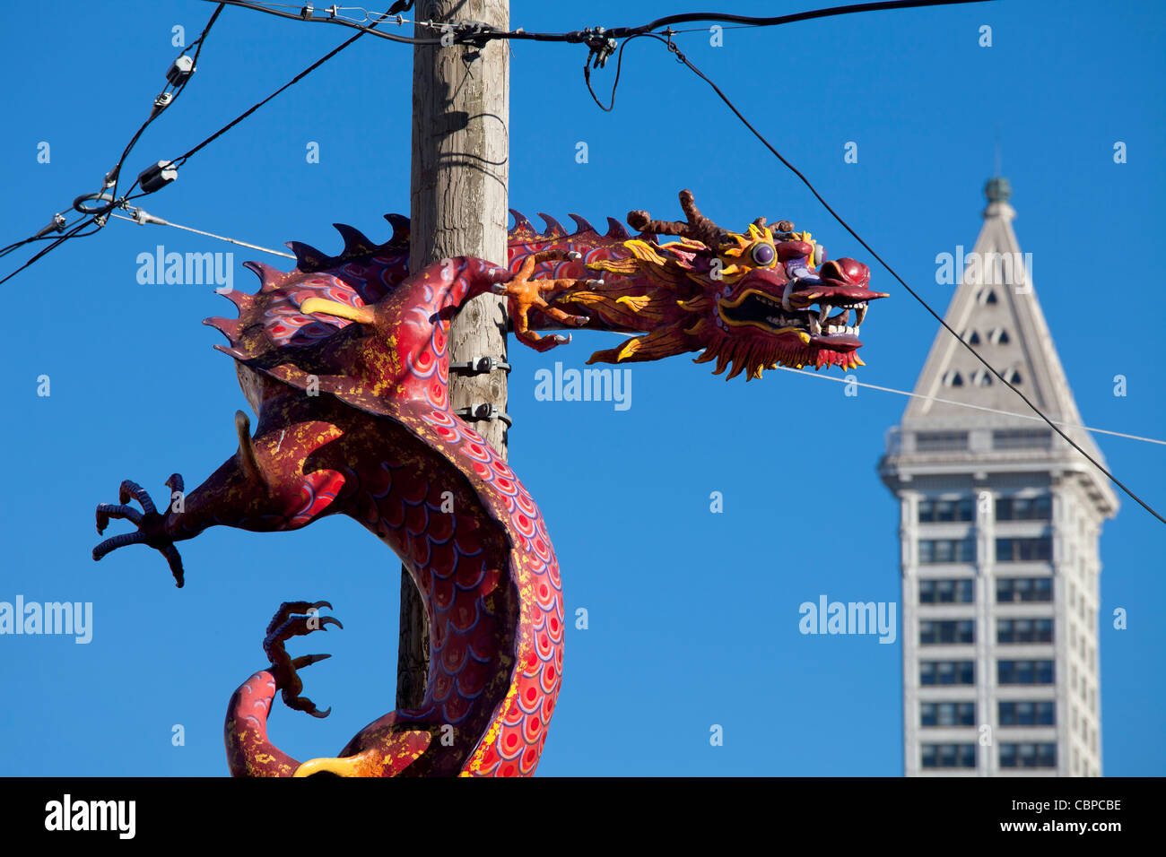 Dragon on telephone pole in International District, Chinatown, Smith ...