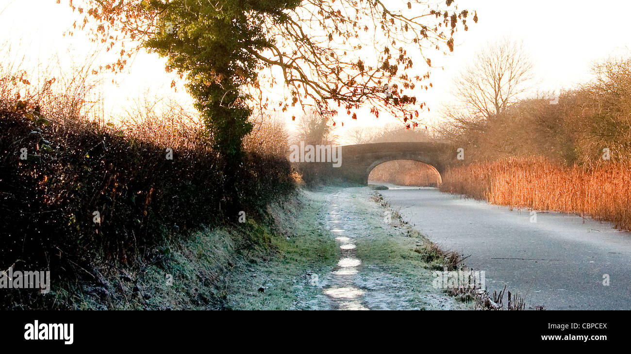 Winter scene on the frozen Lancaster Canal near Preston, Lancashire ...