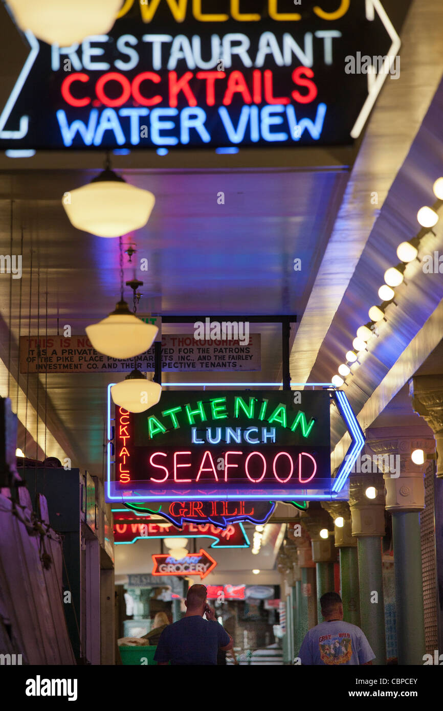 Neon signs in Pike Place Public Market, Seattle, Washington, USA Stock ...