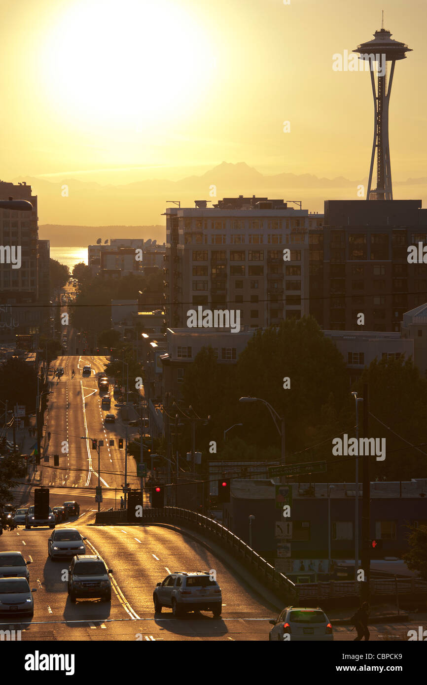 Denny Way, Space Needle, Olympic Mountains, Seattle, Washington, USA ...