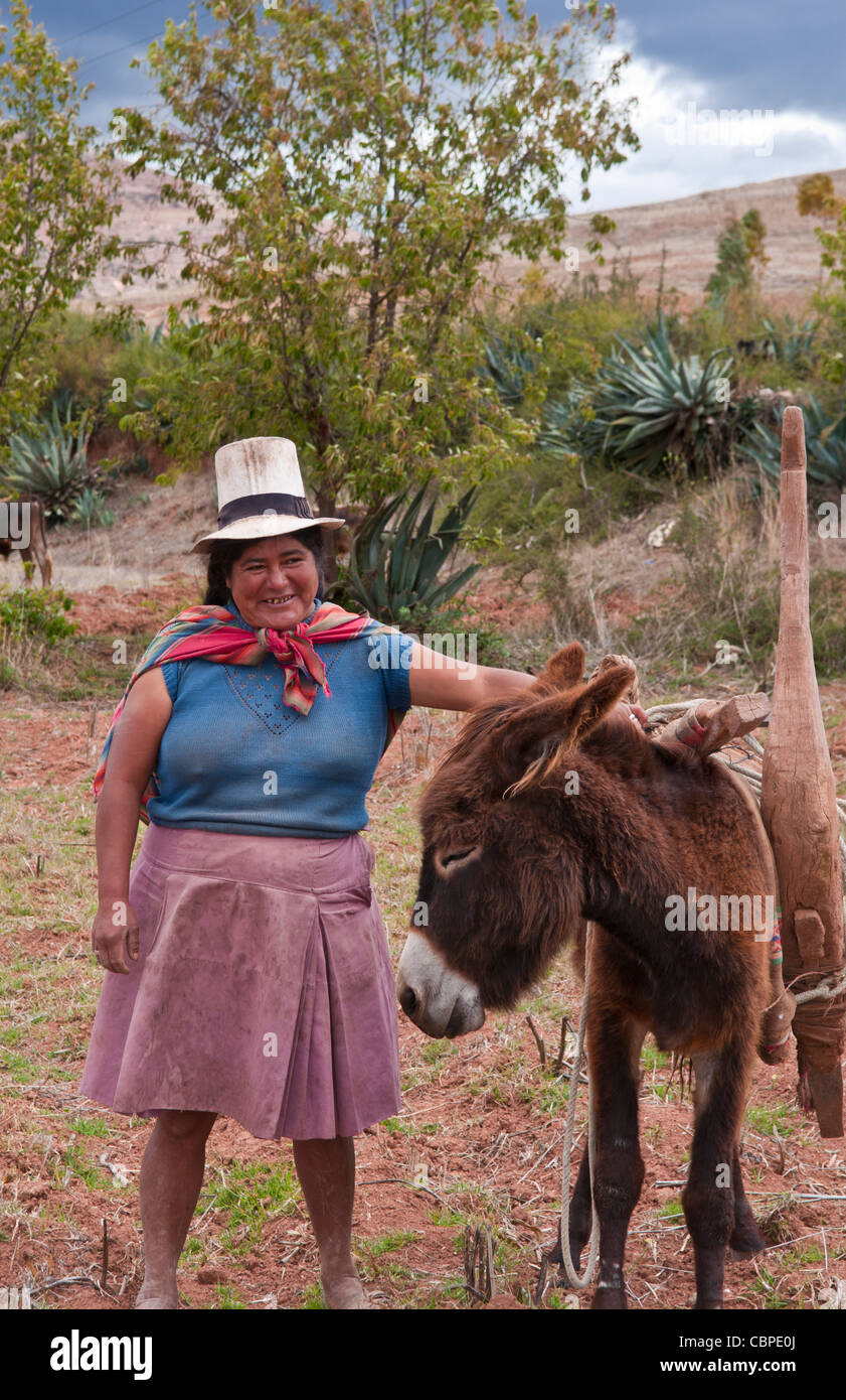 Wonderful farming woman on farm with donkee and traditional dress and ...