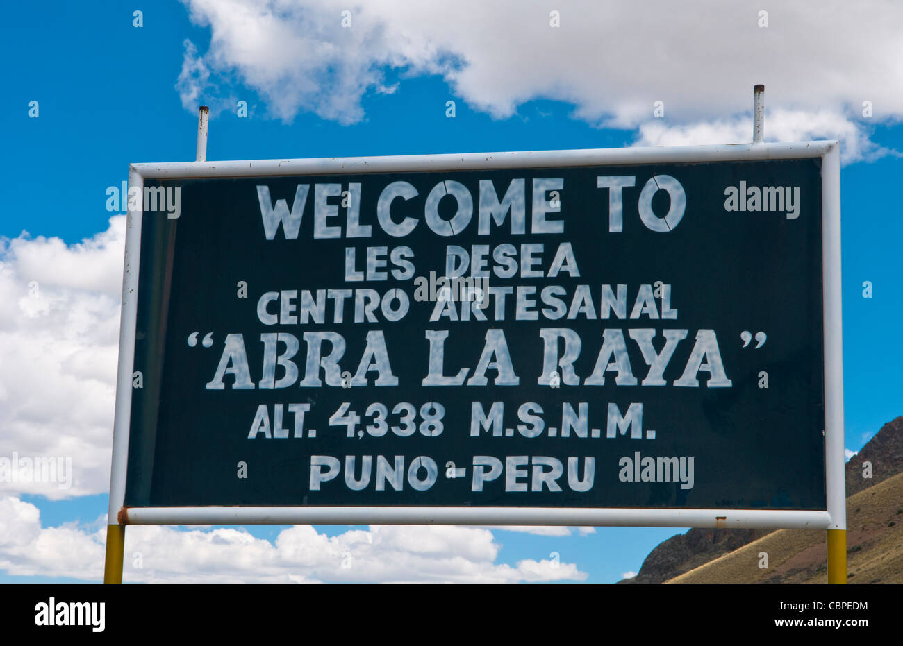 High peak at 13,000 feet of La Raya Peru sign of elevation Stock Photo ...
