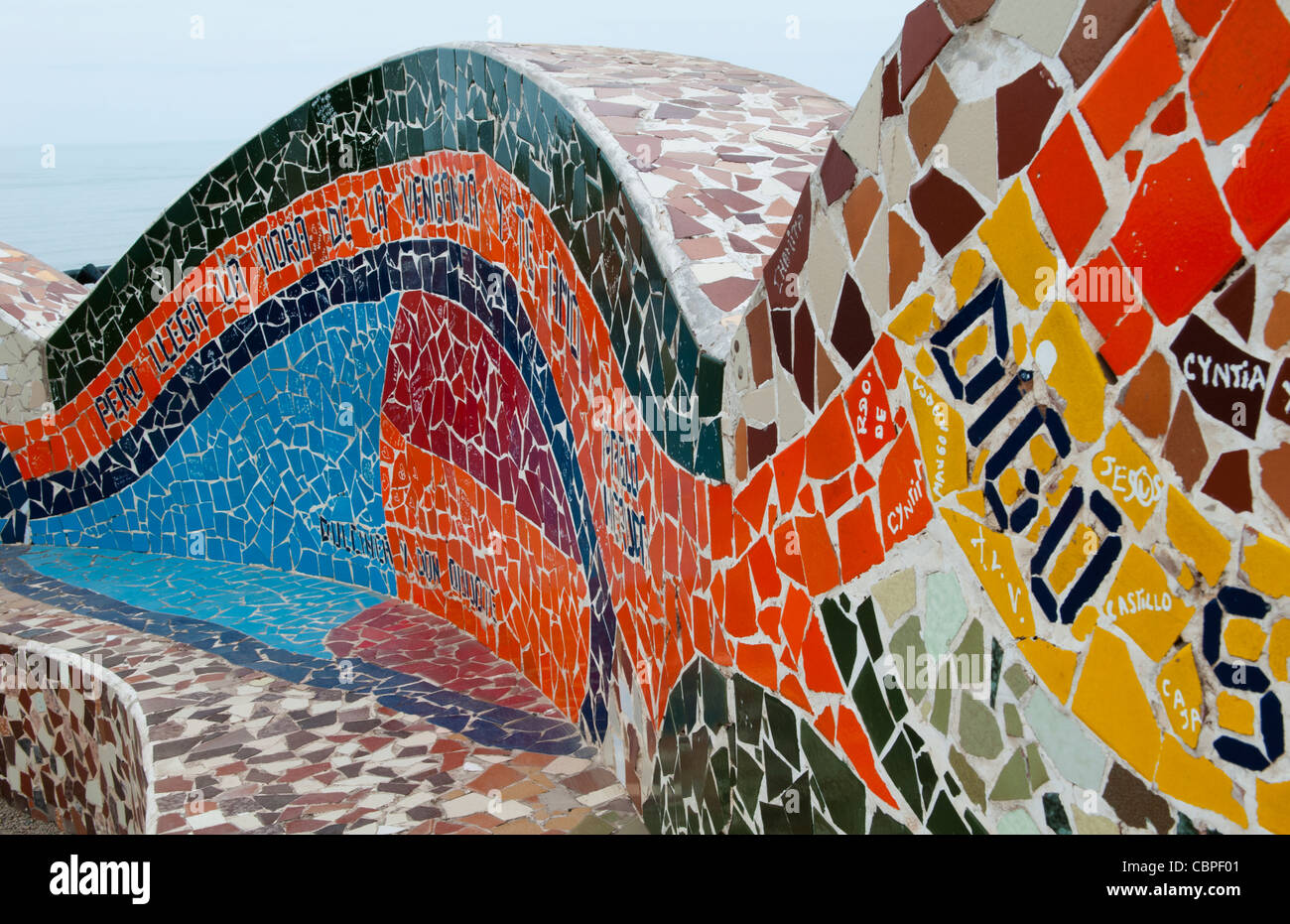 Tile ceramics on bench near ocean at the Love Park in Lima Peru Stock ...