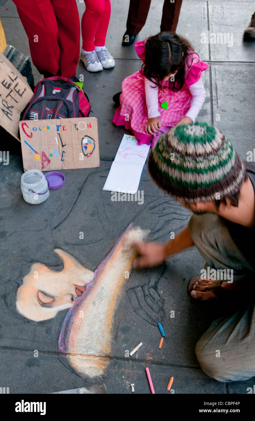 Child and artist drawing on sidewalk in street in downtown Lima Peru at ...