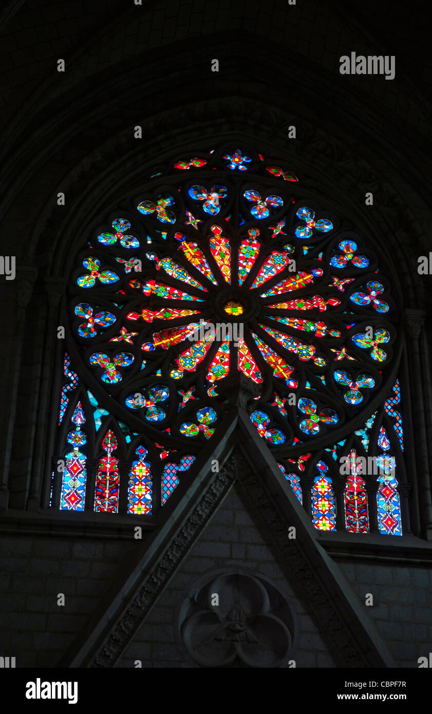 Rose window and arches of La Basilica catholic church in downtown Quito ...